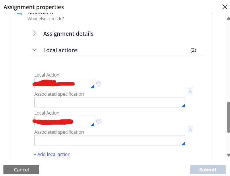 What's the usage of local actions in an assignment | Support Center
